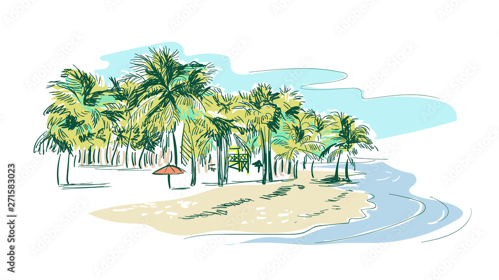 palm beach vector sketch landscape line illustration skyline Stock ...