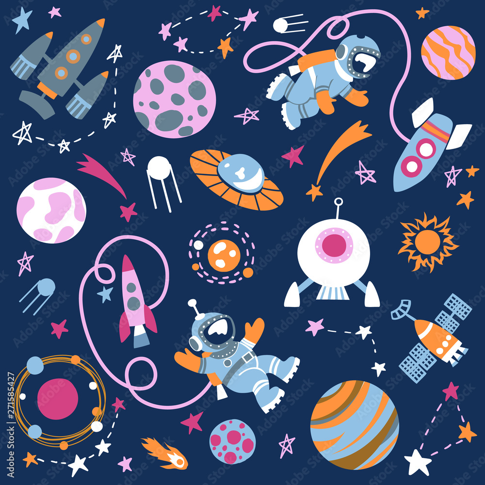 Cartoon sci-fi space background. Vector Illustration.Set of color ...