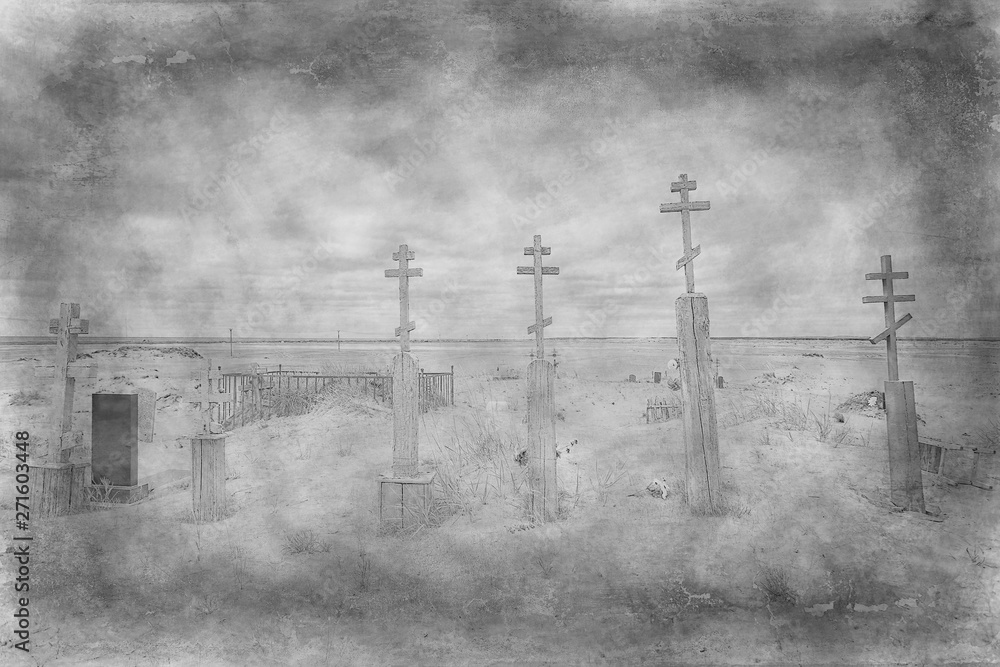 grave crosses in a desert cemetery / climate change concept warming ...