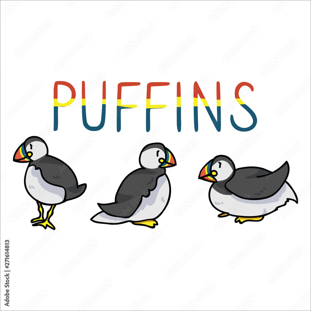 Cute puffin text cartoon vector illustration motif set. Hand drawn ...