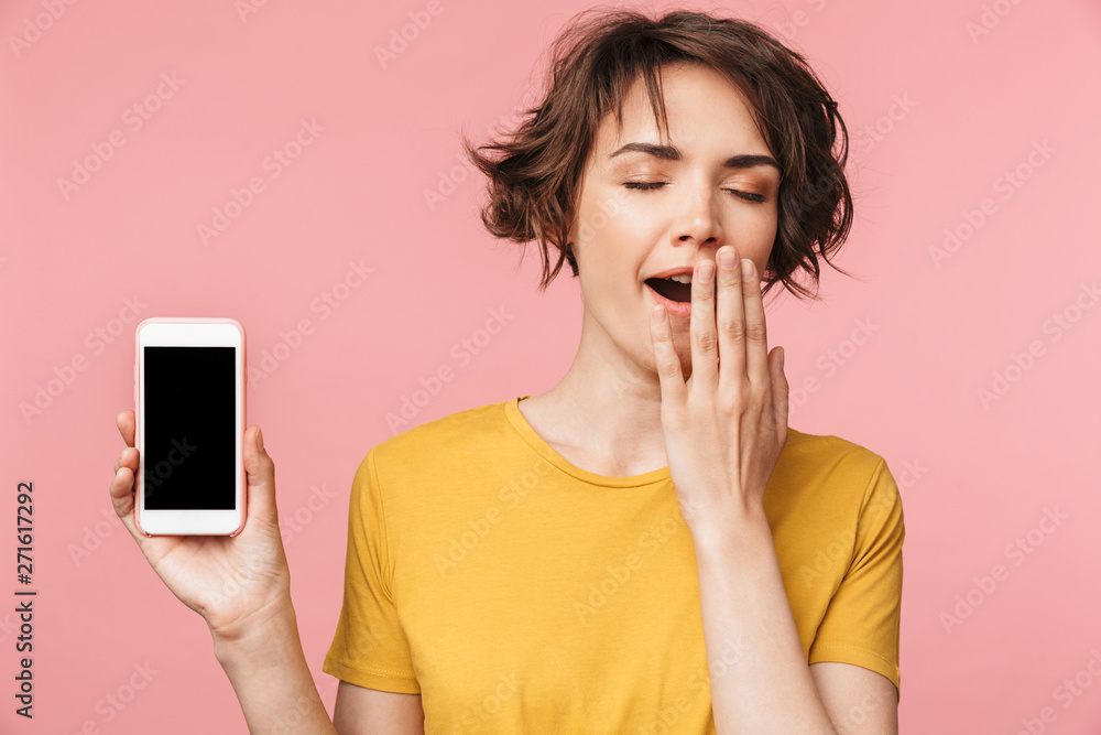 Sleepy background using mobile phone showing display yawning. Stock ...