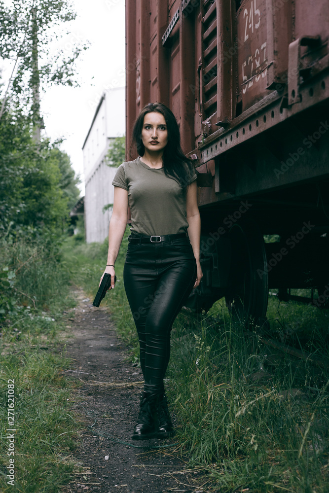 Powerful Woman Holding Gun Action Movie Style. Train adventure ...