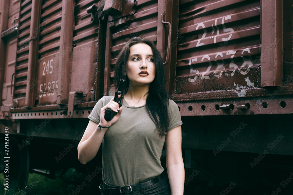 Powerful Woman Holding Gun Action Movie Style. Train adventure ...