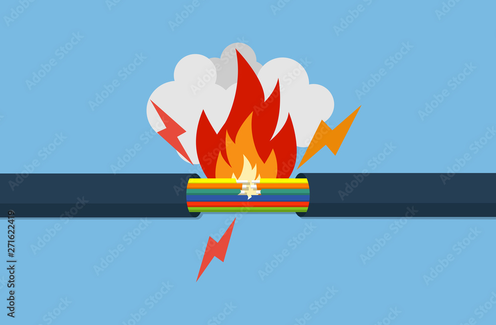 Wire is burning or fire damaged cable. Vector illustration flat icon ...
