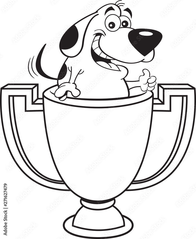 Black and white illustration of a dog inside a trophy cup giving thumbs ...