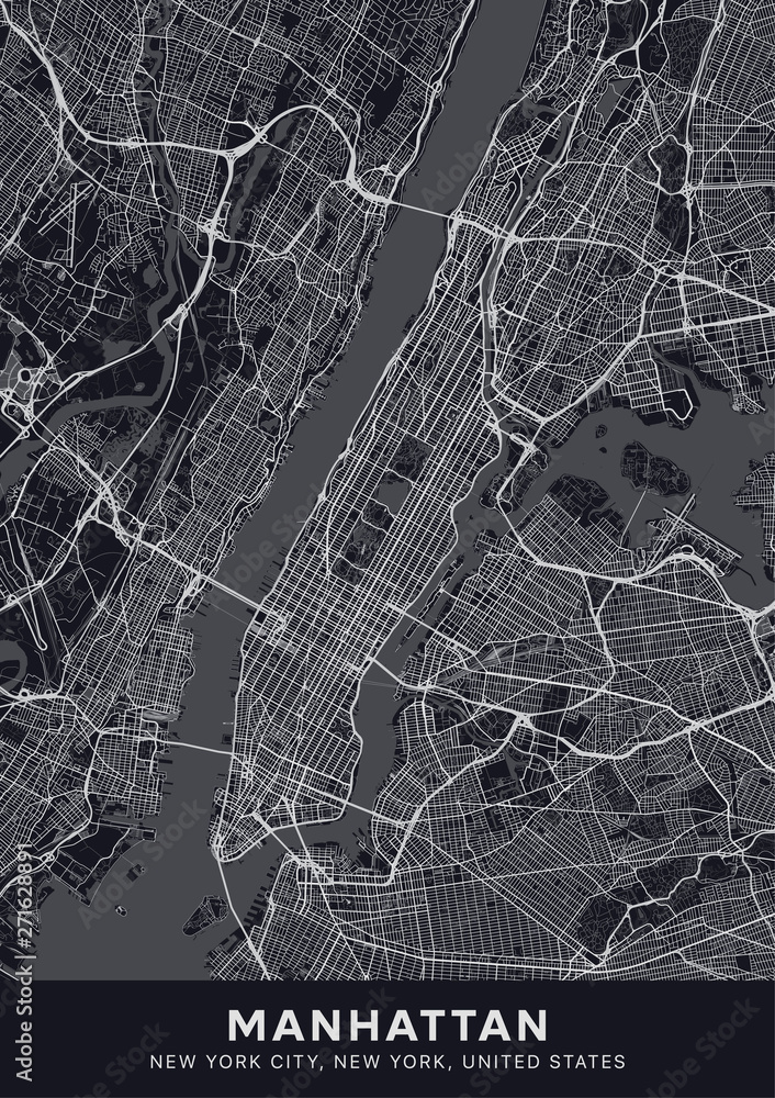 Manhattan map. Dark poster with map of Manhattan borough (New York ...