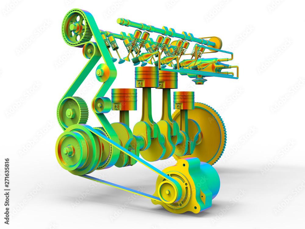 3D rendering - FEA structural analysis of a four piston engine Stock ...
