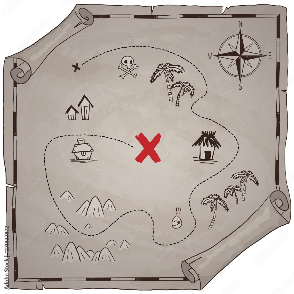 pirates treasure map hand drawn cartoon black ink on old paper texture ...