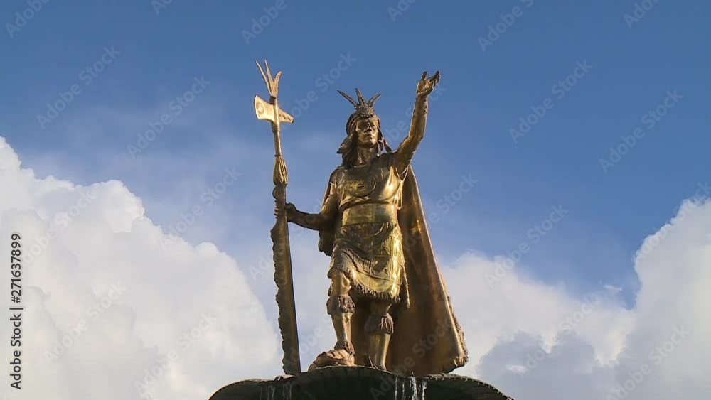 Close-up low-angle still shot of Inca Pachacuti statue /Emperor statue ...