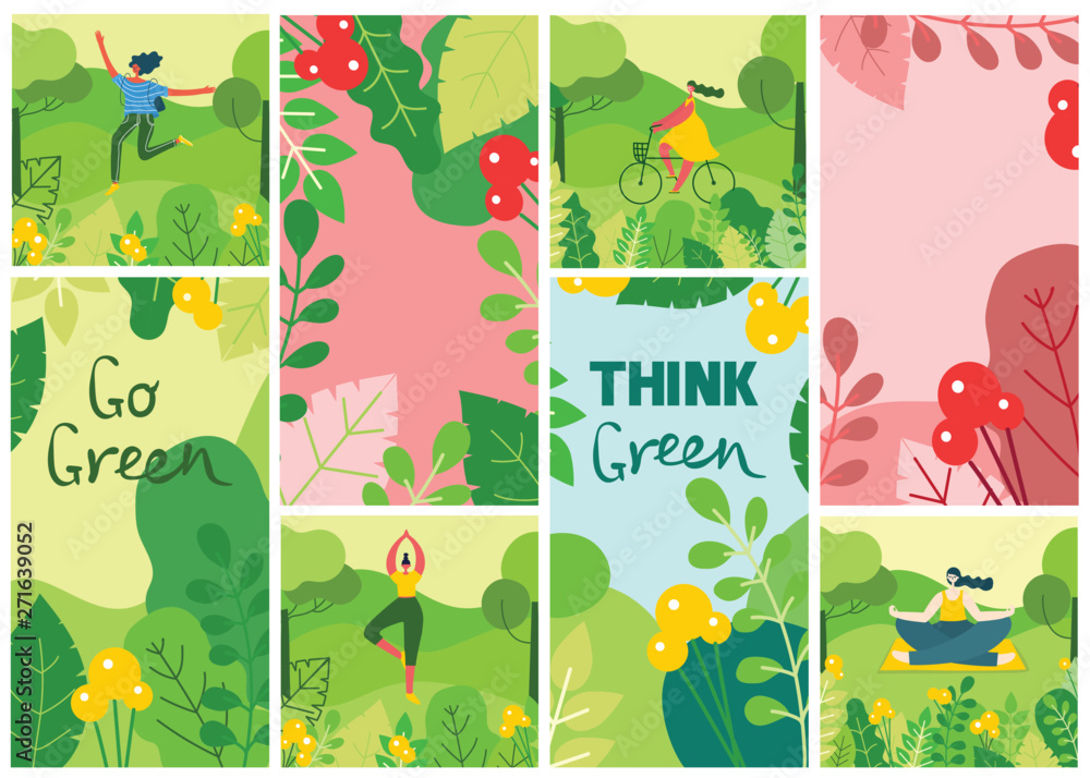 Go green. Vector Nature ECO background with different people, couple ...