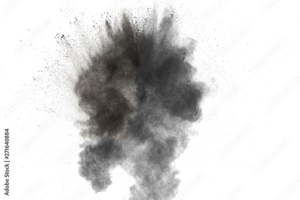 Black powder explosion on white background. Black dust particles ...
