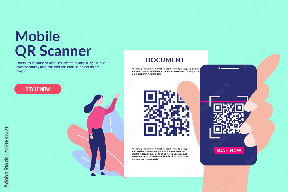 QR code concept illustration of young people scanning document barcode ...