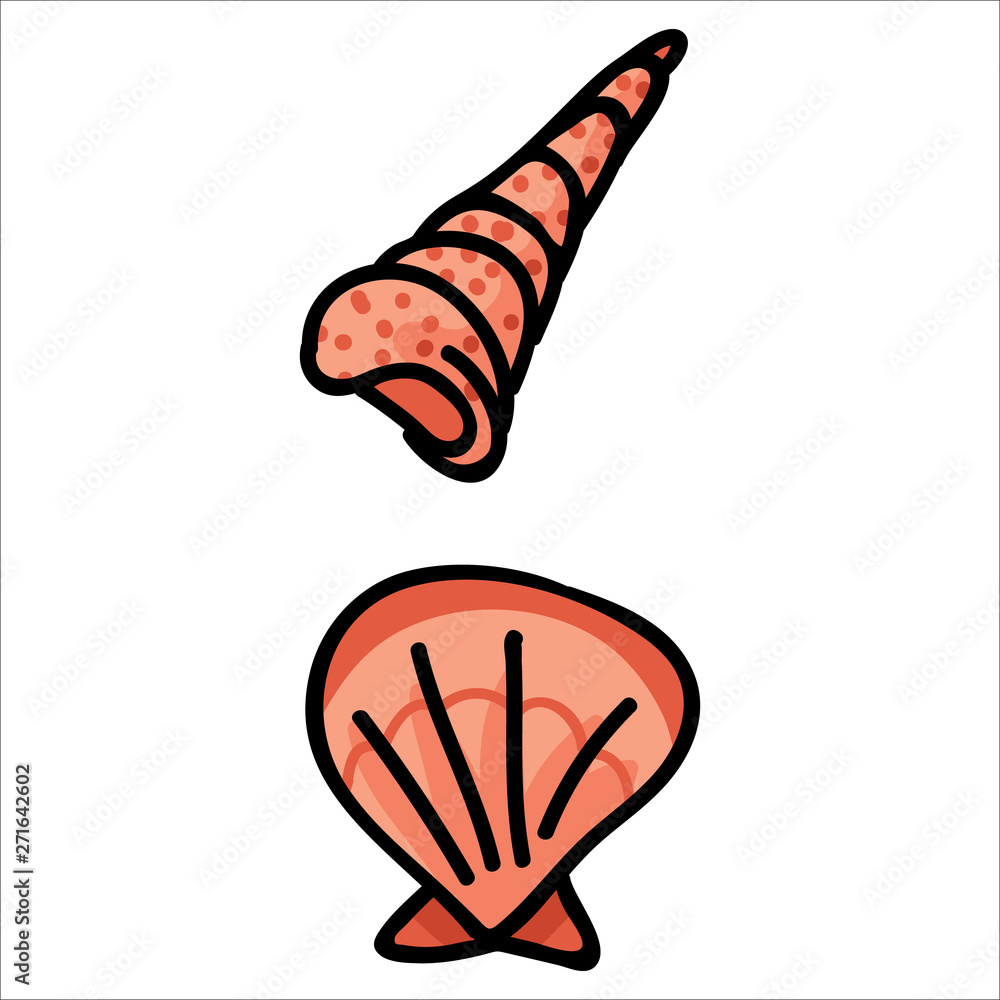 Cute red shell fish cartoon vector illustration motif set. Hand drawn ...