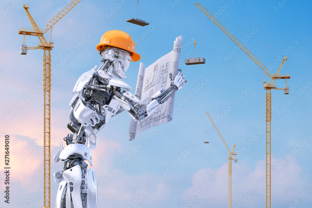 Robot foreman engineer in hardhat holding construction drawings against ...