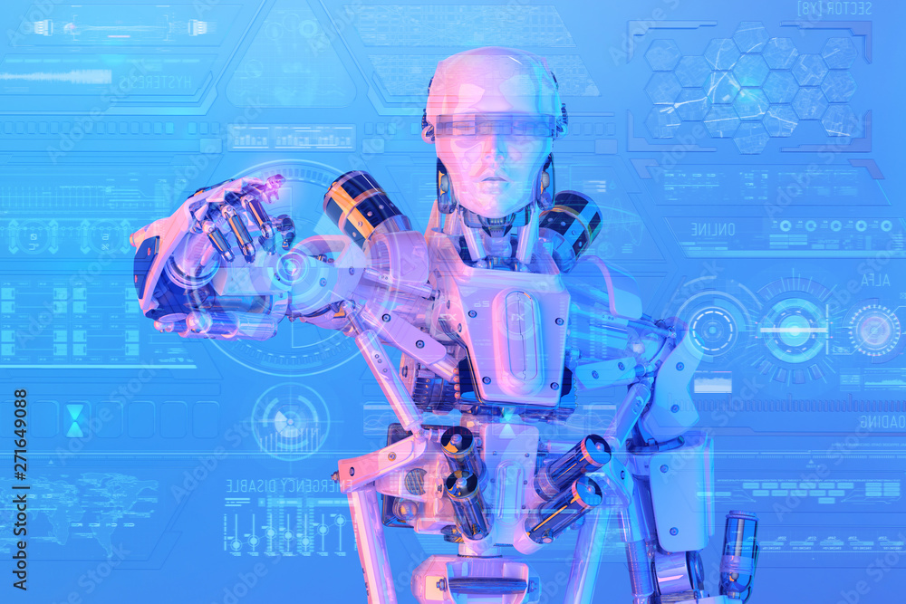 Modern ai humanoid robot cyborg android touch sensitive sci fi display ...