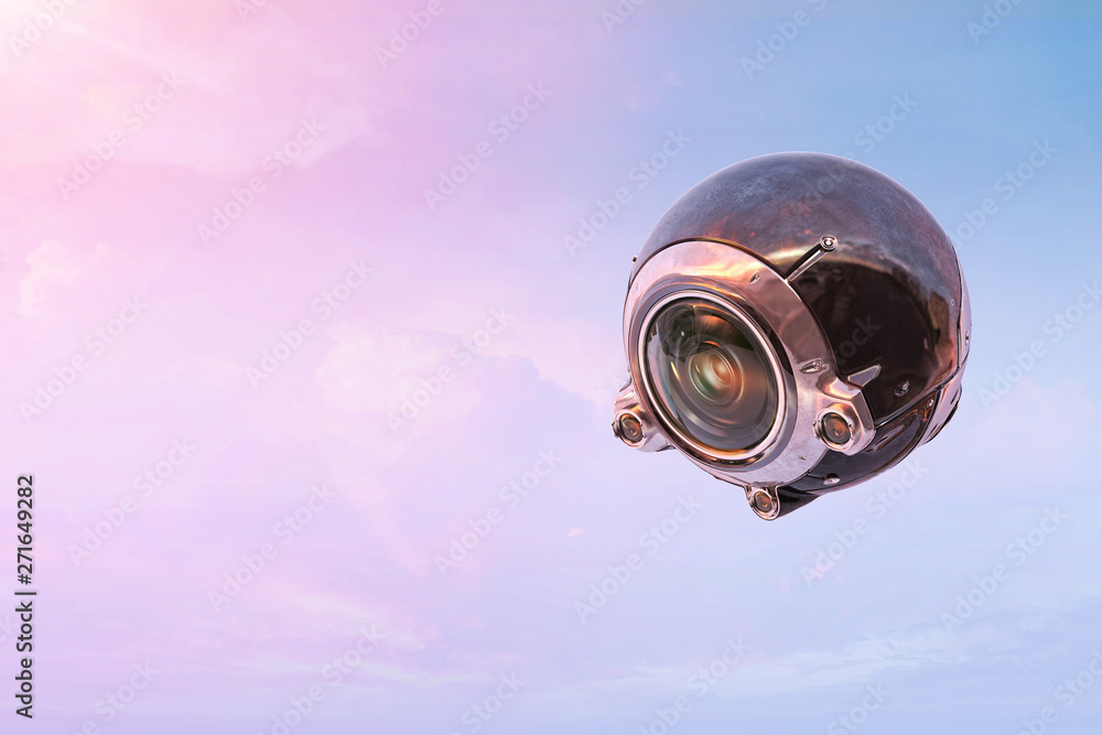 Robot spy bot drone with camera, flying, photographing, filming. Future ...