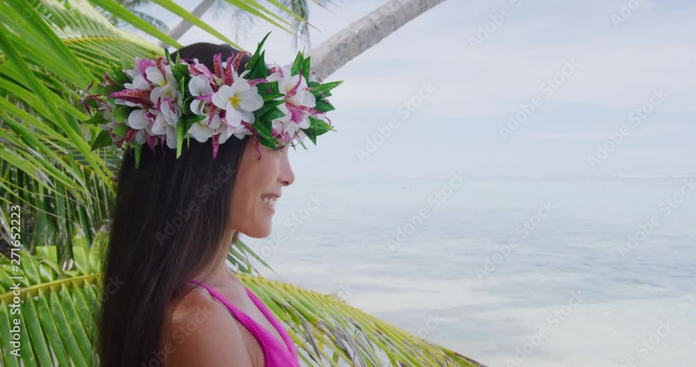 Tahiti beauty woman wearing flower head wreath traditional Tahitian ...