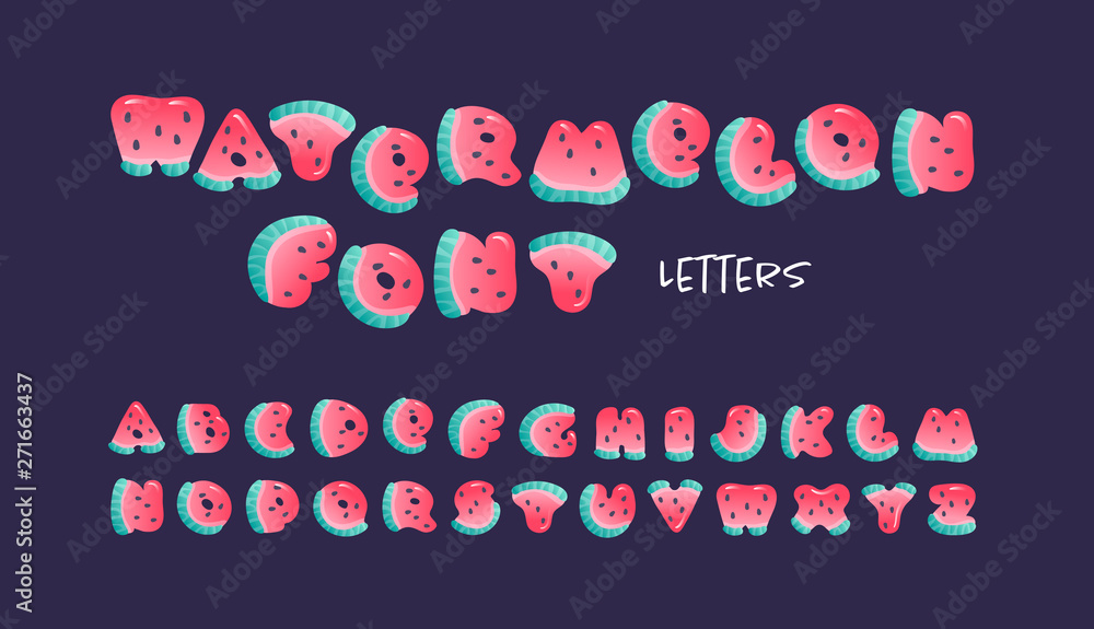 Vector cartoon summer fruit font. Alphabet with cute watermelon letters ...