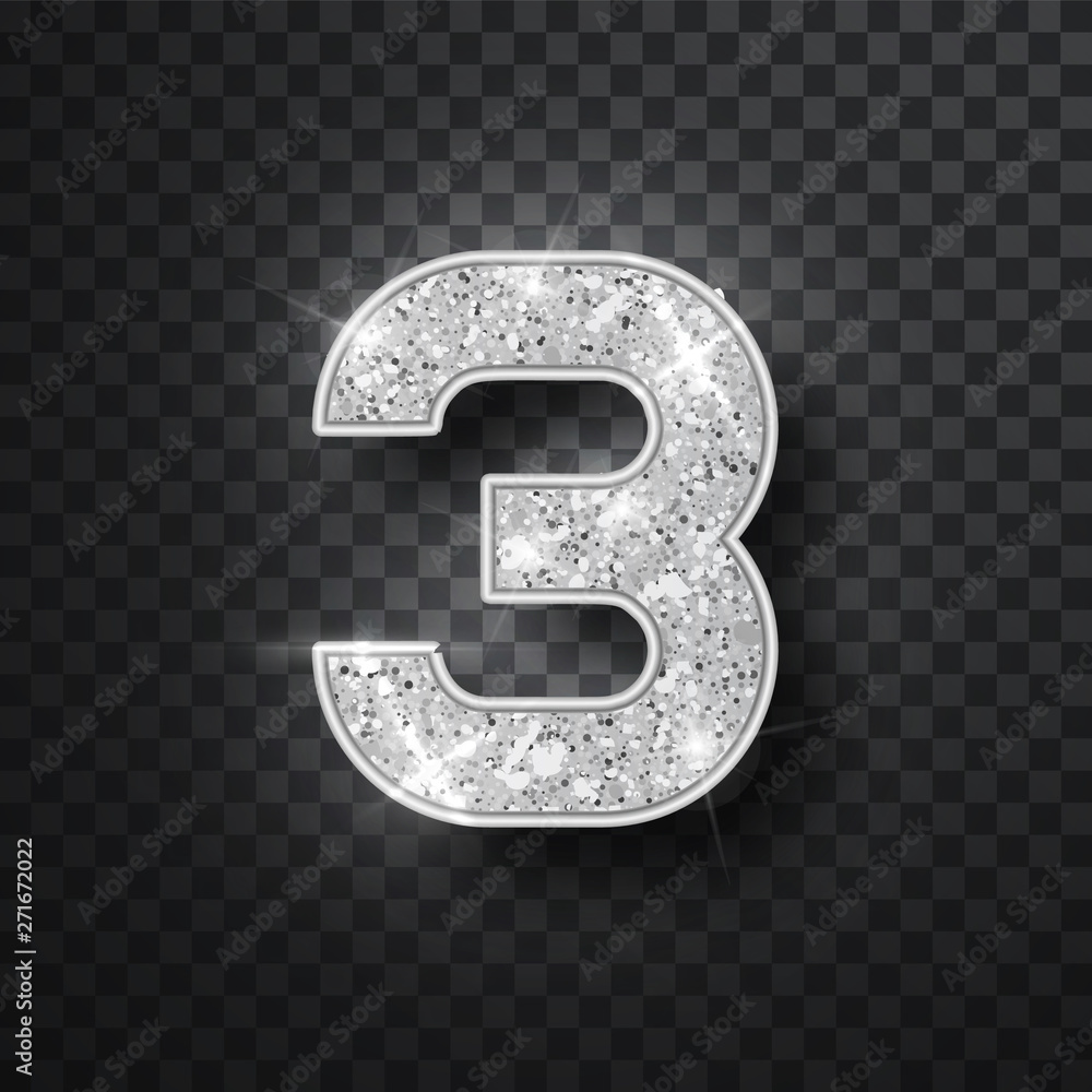 Silver glitter alphabet numbers 3 with shadow. Vector realistick ...