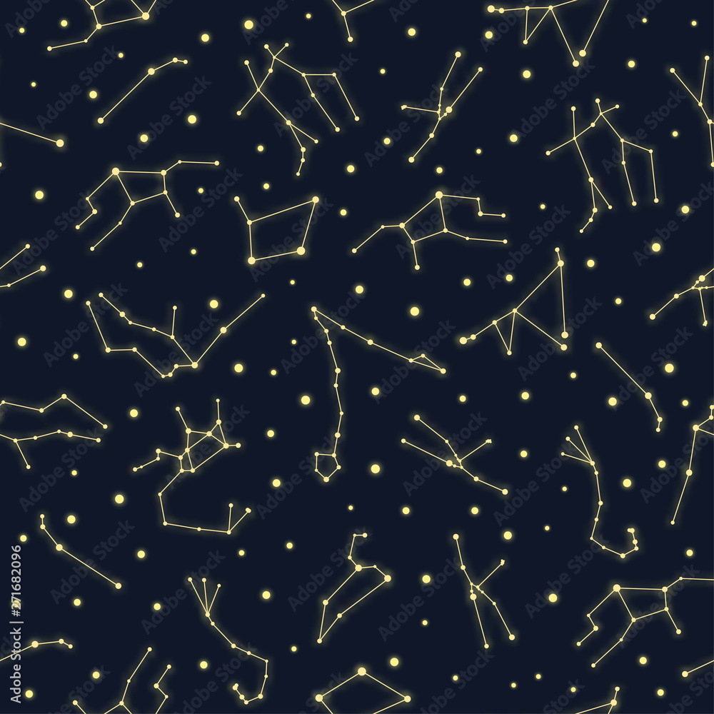 Zodiac star constellations seamless pattern. Yellow glowing stars on ...