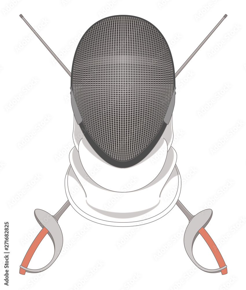 fencing helmet with two saber swords crossed isolated on white ...