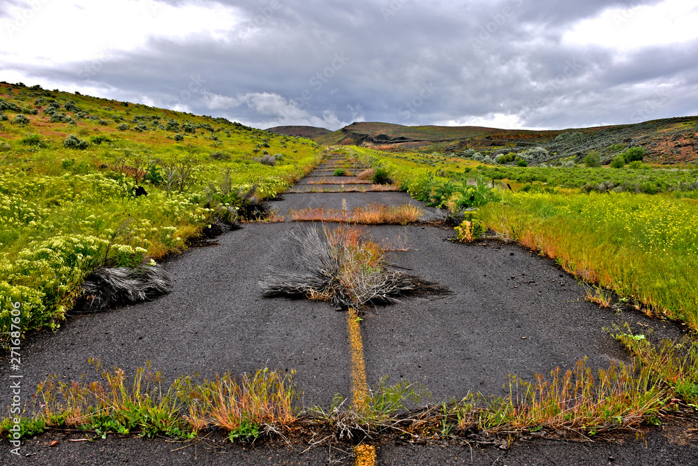 Foto de Abandoned narrow two land road with grass growing in the cracks ...