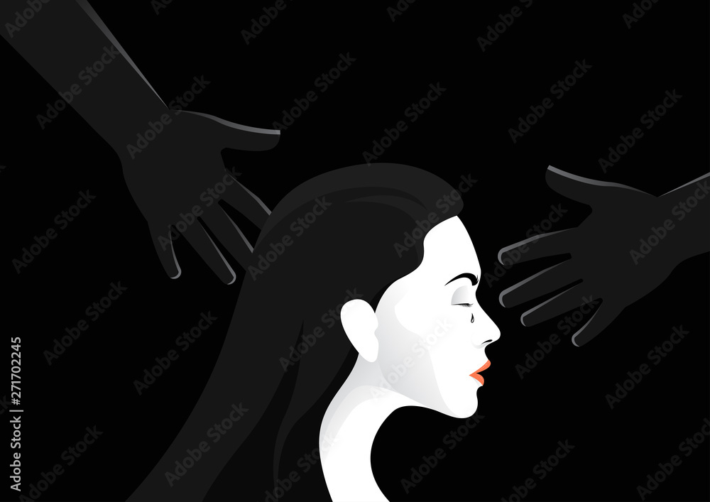 hand touching unhappy woman cries vector illustration. violence against ...