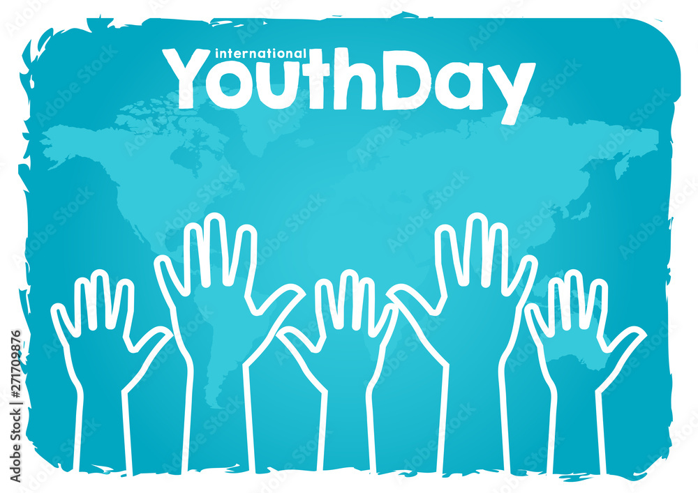 stock vector international youth day,12 August. hands up on world map ...