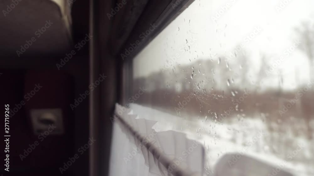 rain snow on glass window. railway concept train journey travel. view ...