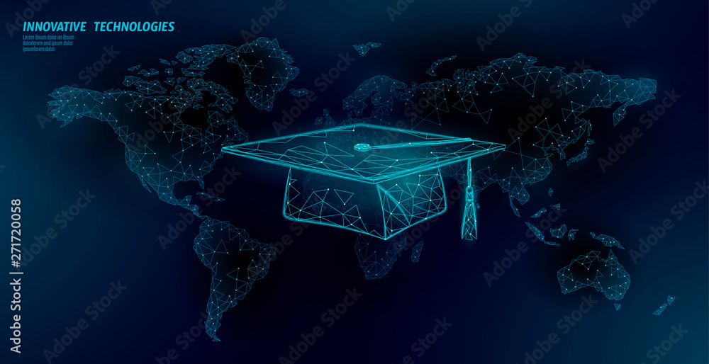 E-learning distance graduate certificate program concept. Low poly 3D ...
