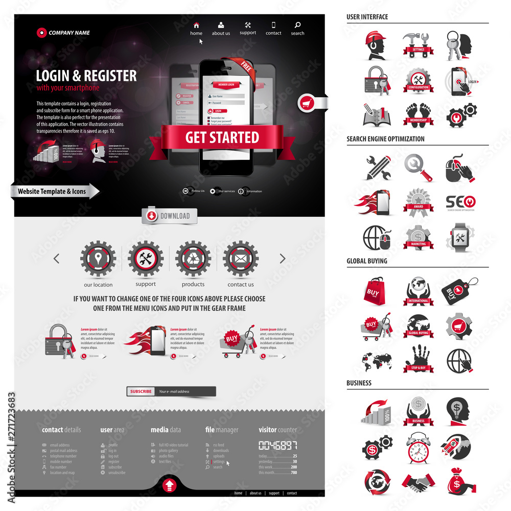 one page website template and icon set containing a full pack of web ...