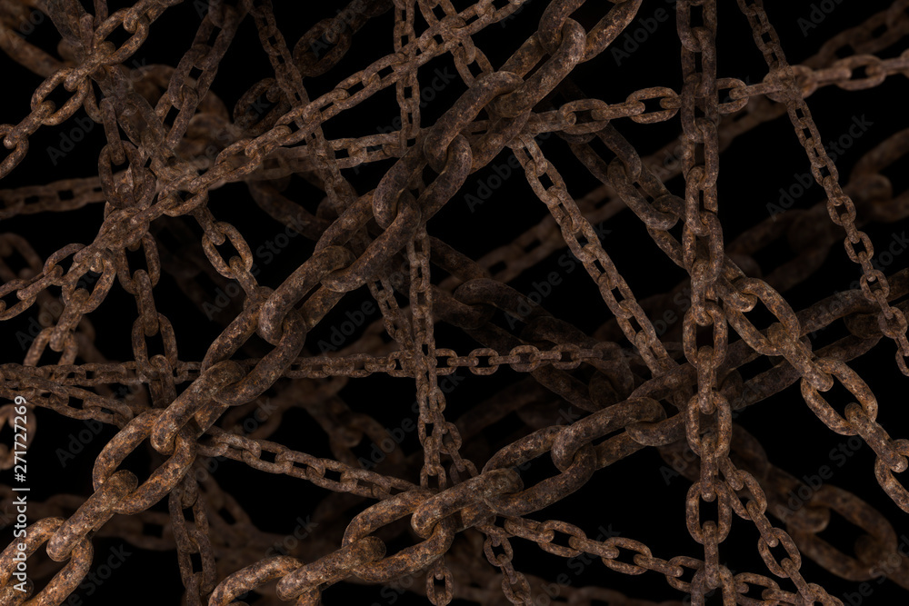 Rusty chains are stretched across each other in darkness and dim light ...