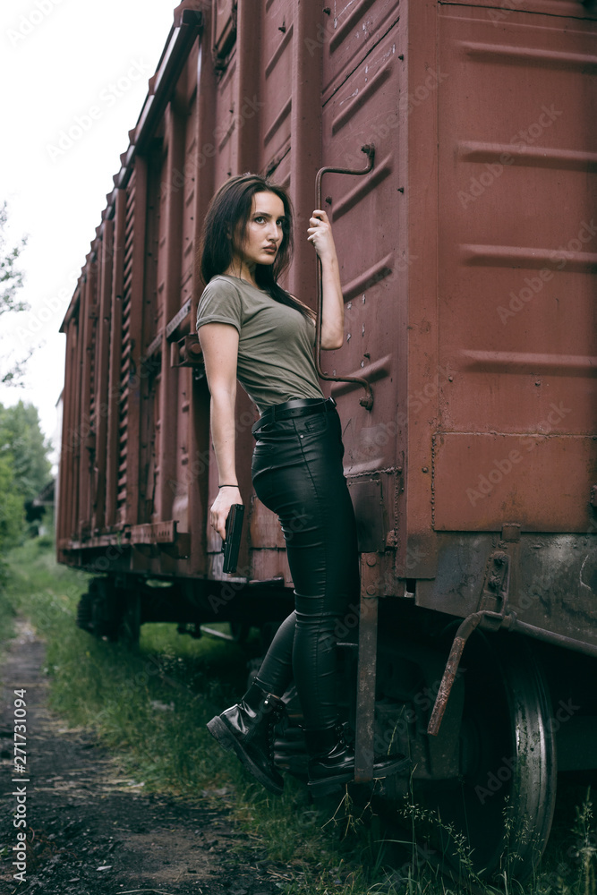 Powerful Woman Holding Gun Action Movie Style. Train adventure ...