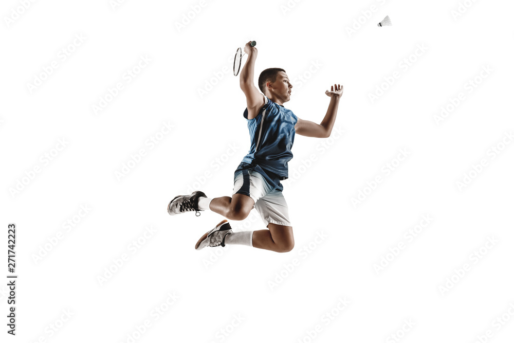 Little boy playing badminton isolated on white studio background. Young ...