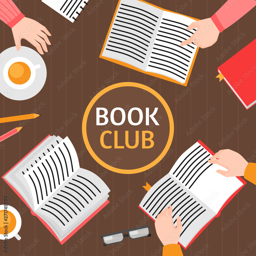 Book club template. Education and reading. Flat Top view library table ...