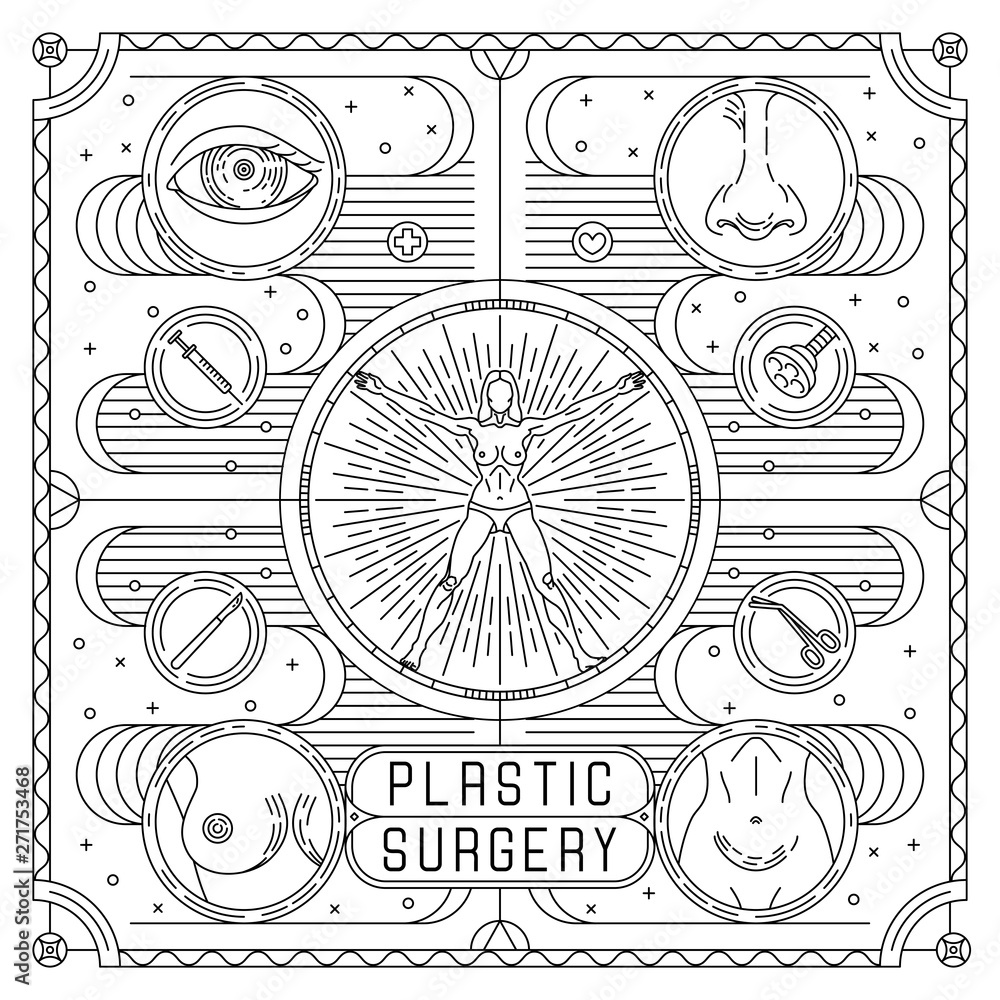 Vector flat, outline black and white design poster for plastic surgery ...