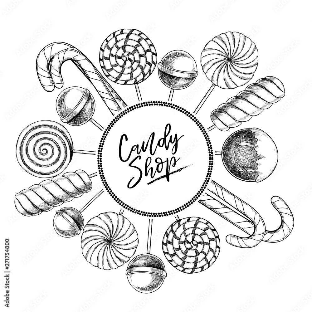 Hand drawn set of sweet candies. Twisted caramel lollipops, candy cane ...