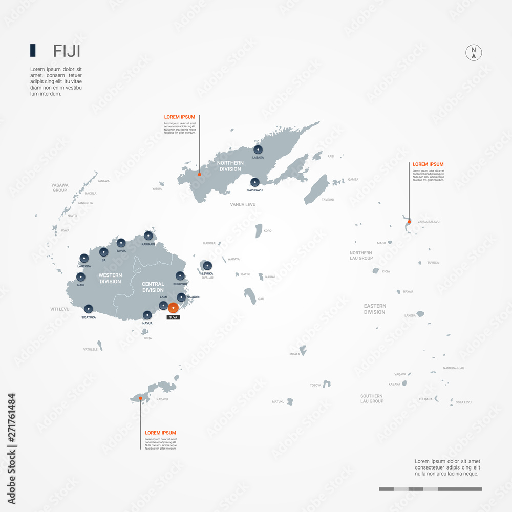 Fiji map with borders, cities, capital and administrative divisions ...