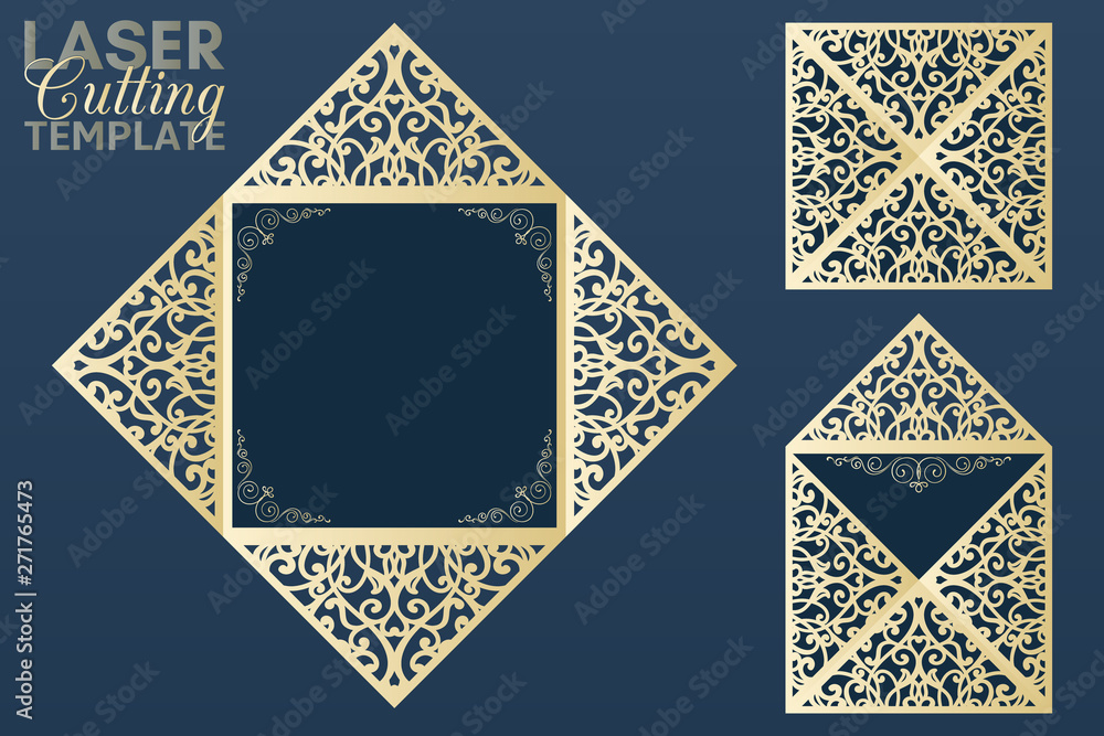 Wedding invitation cutout paper four fold card template for laser ...