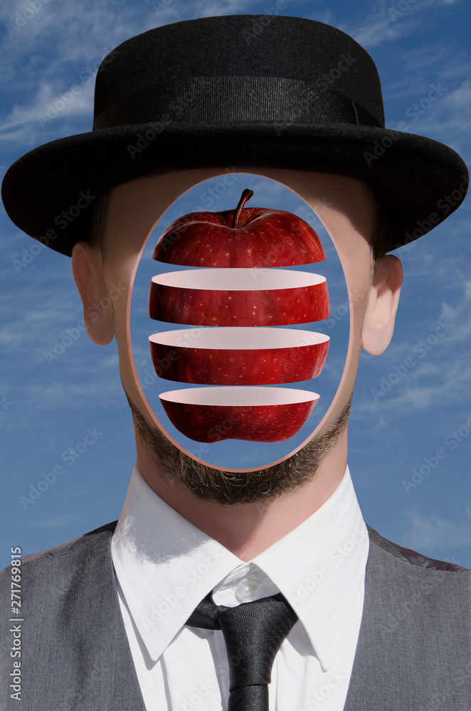 Portrait of a man with divided apple in his head Stock Illustration ...