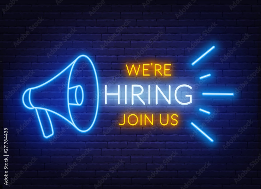 Neon sign we are hiring - join us on the brick wall background. Light ...