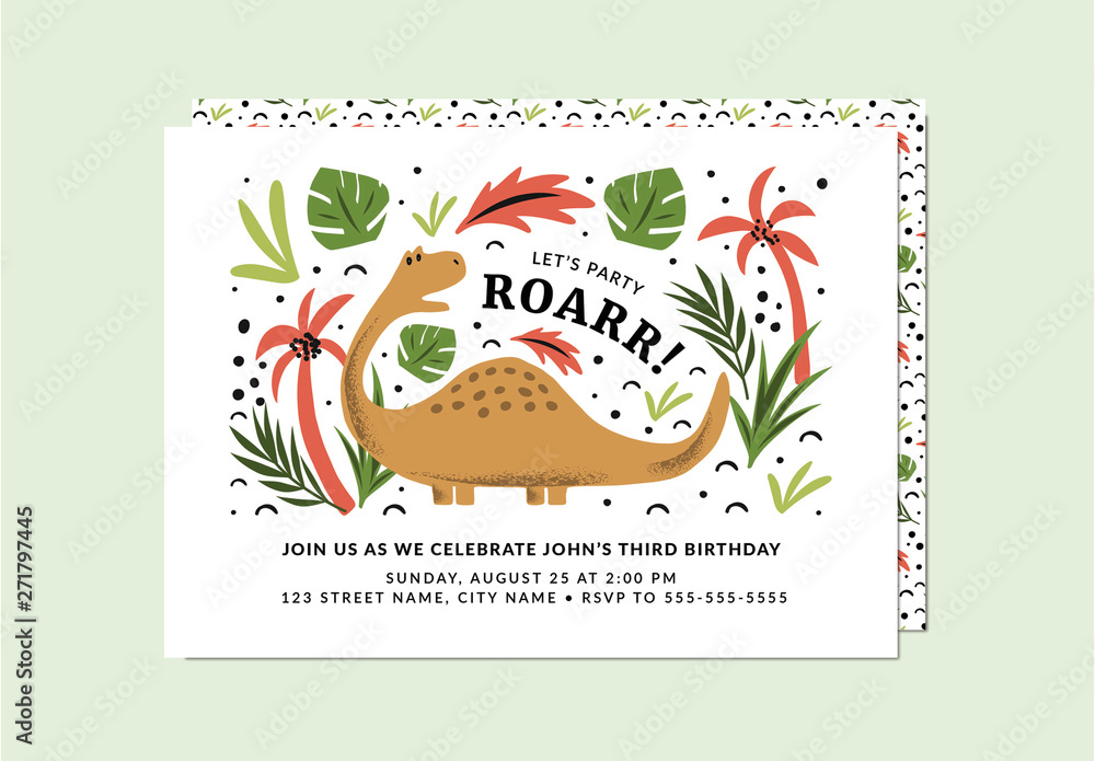 Dinosaur Party Invitation Layout with Graphic Illustrations Stock ...