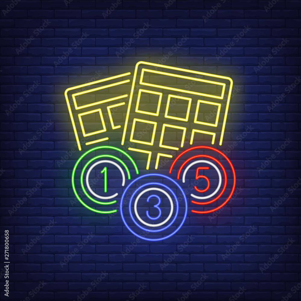 Bingo cards and balls neon sign. Gamble, lotto, entertainment design ...