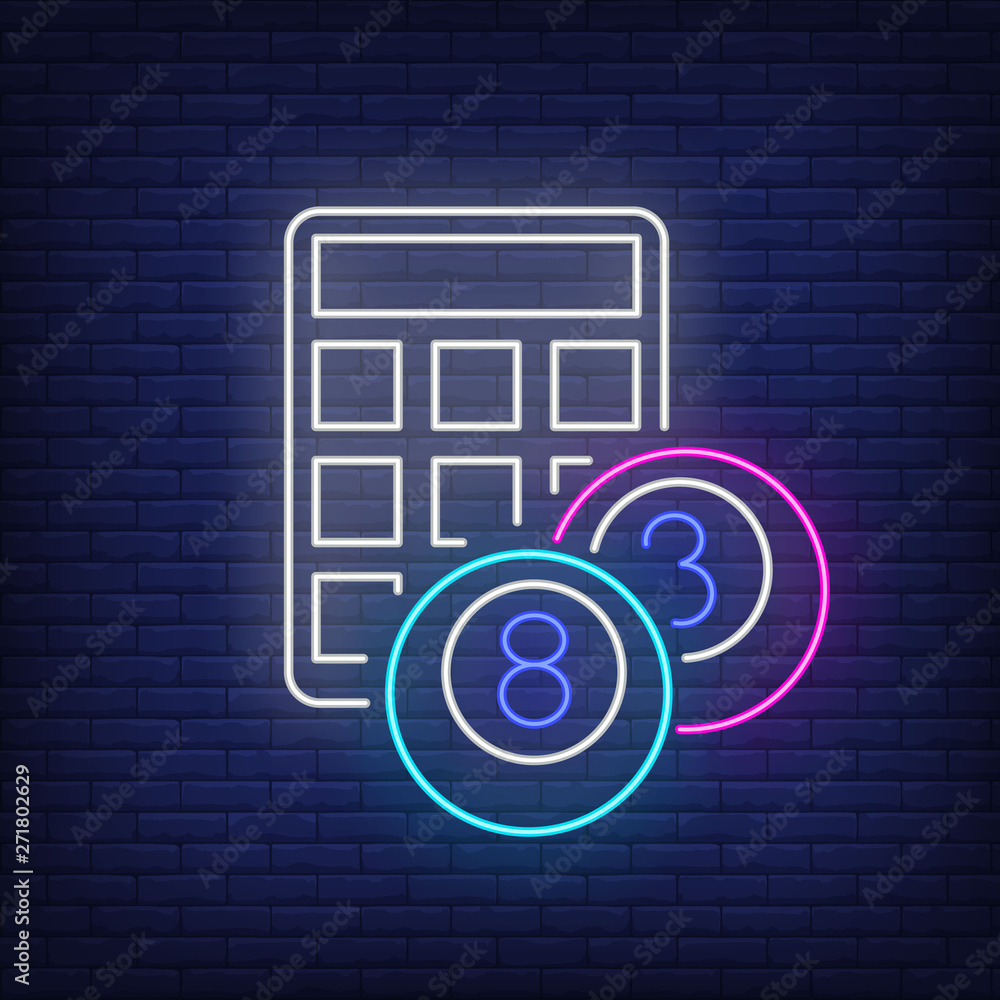 Bingo card and balls neon sign. Gamble, lotto, entertainment design ...