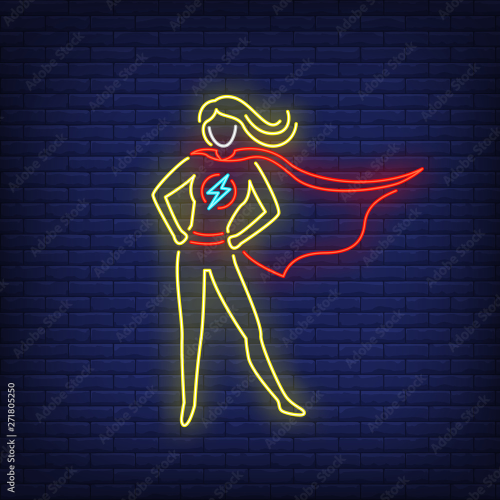 Confident superhero woman neon sign. Leadership, power, protector ...
