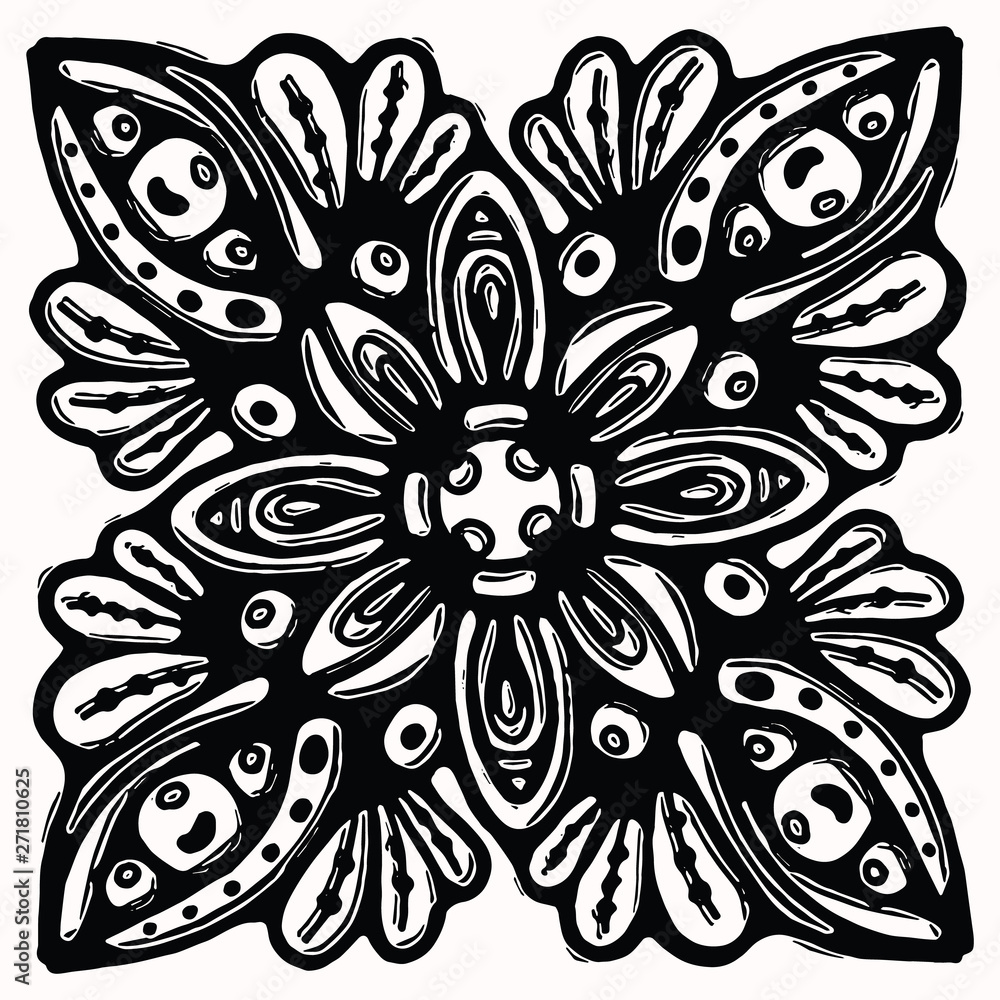 Ornamental folk art graphic design element. Hand drawn linocut block ...