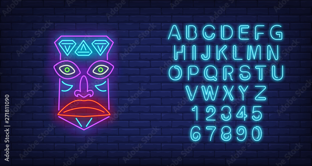 Tribal mask neon sign. Tiki idol, ancient culture design. Night bright ...