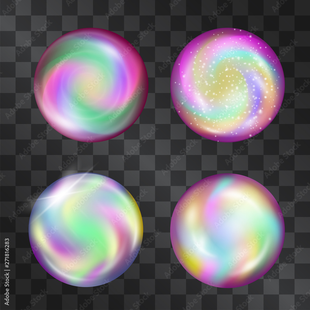 Vector holograpic glass multicolor 3d spheres set on transparent ...