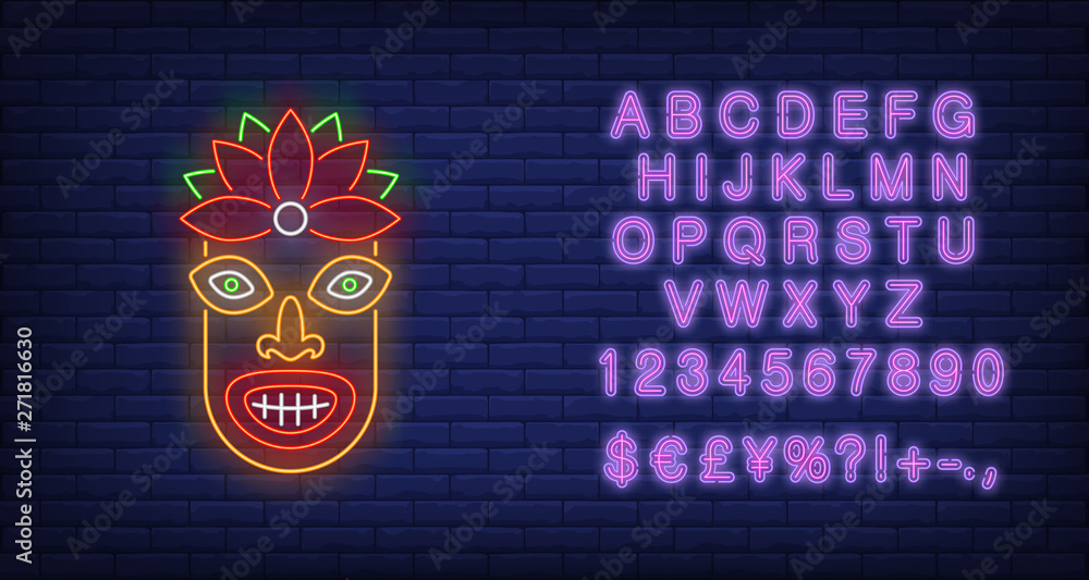 Colorful tiki idol neon sign. Tribal mask, ancient culture design ...