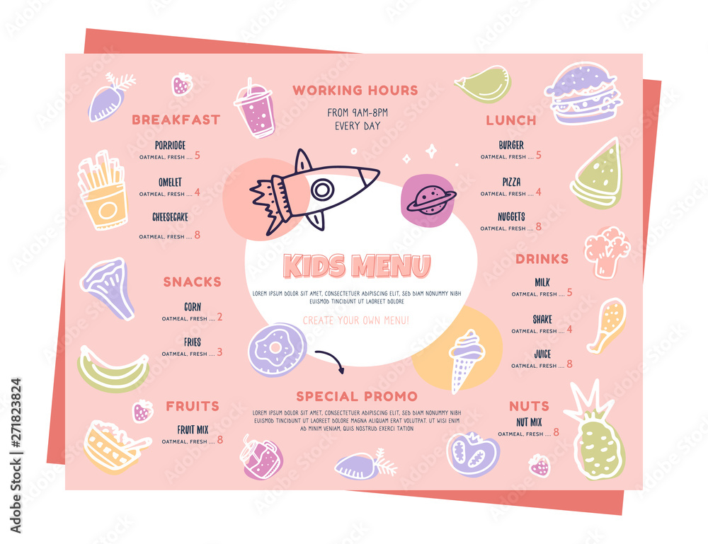 Modern doodle Kids menu, great design for any purposes. Healthy food ...